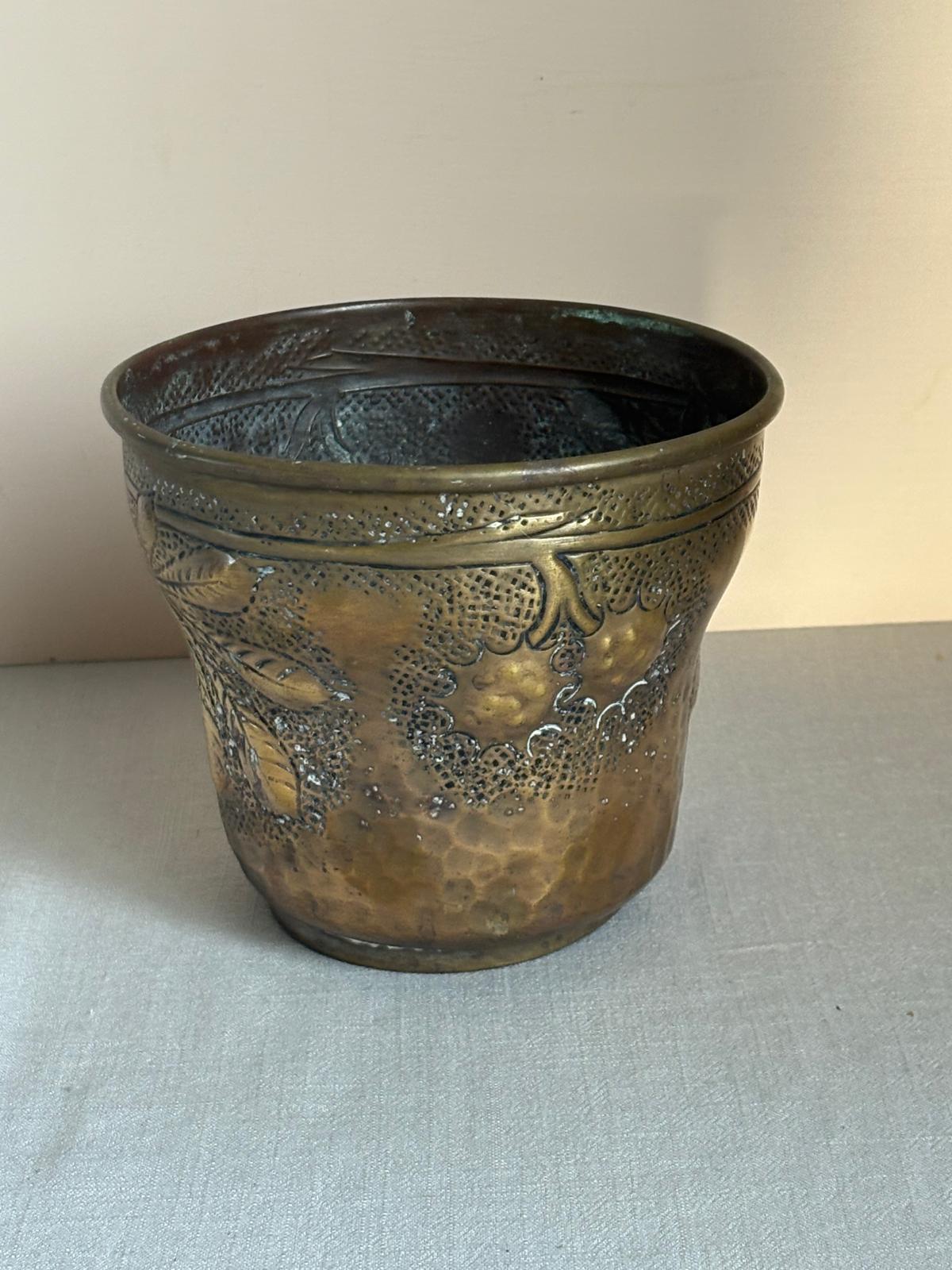 Antique French Brass Planter/Hand-Tooled Cachepot with Repousse Leaf M ...