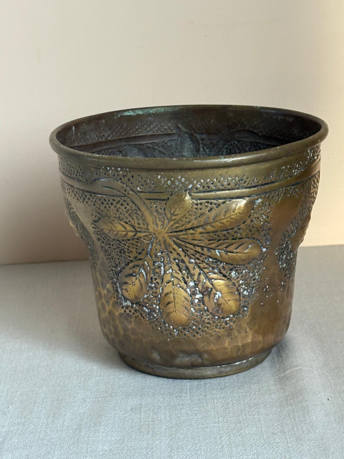 Antique French Brass Planter/Hand-Tooled Cachepot with Repousse Leaf M ...